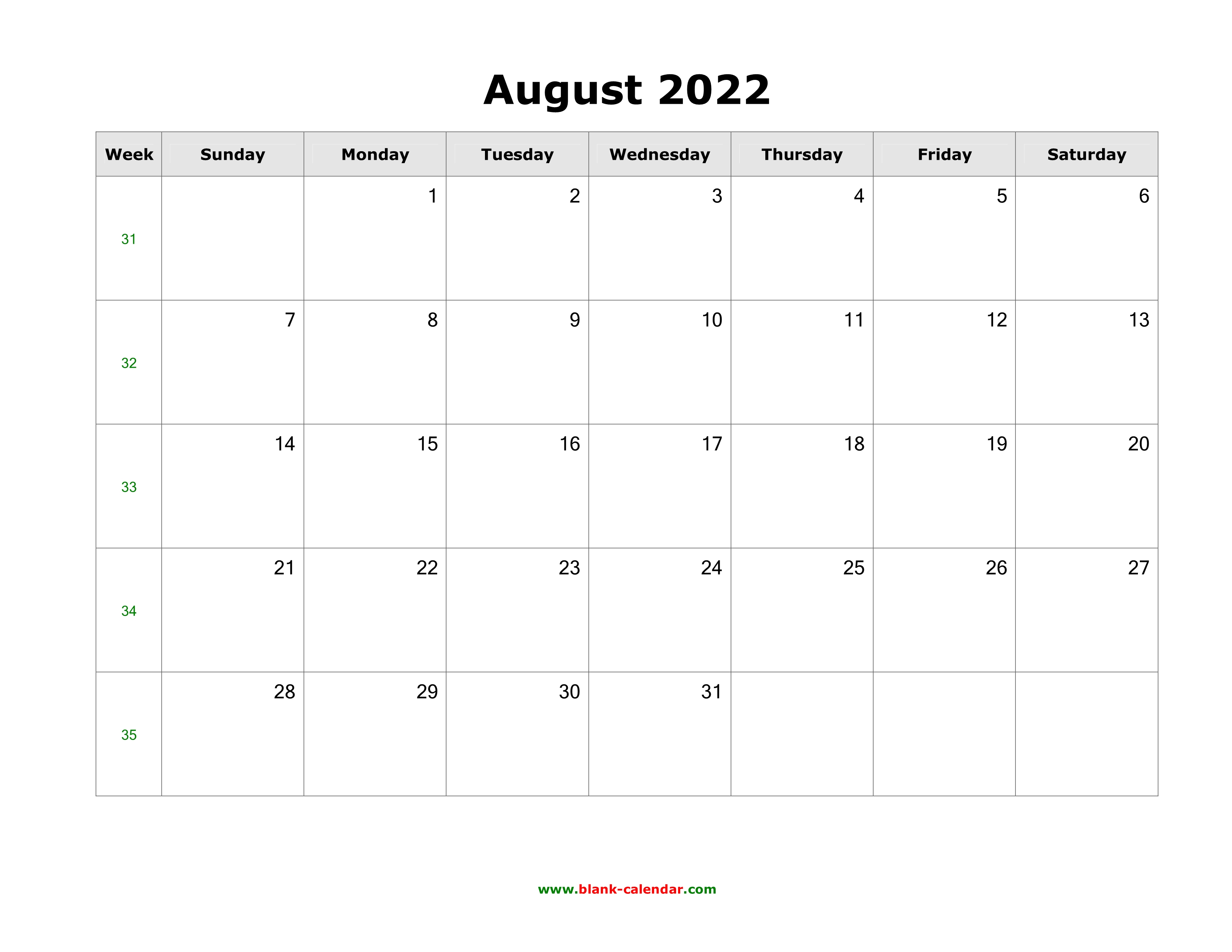Calendar August 2022 With Holidays
