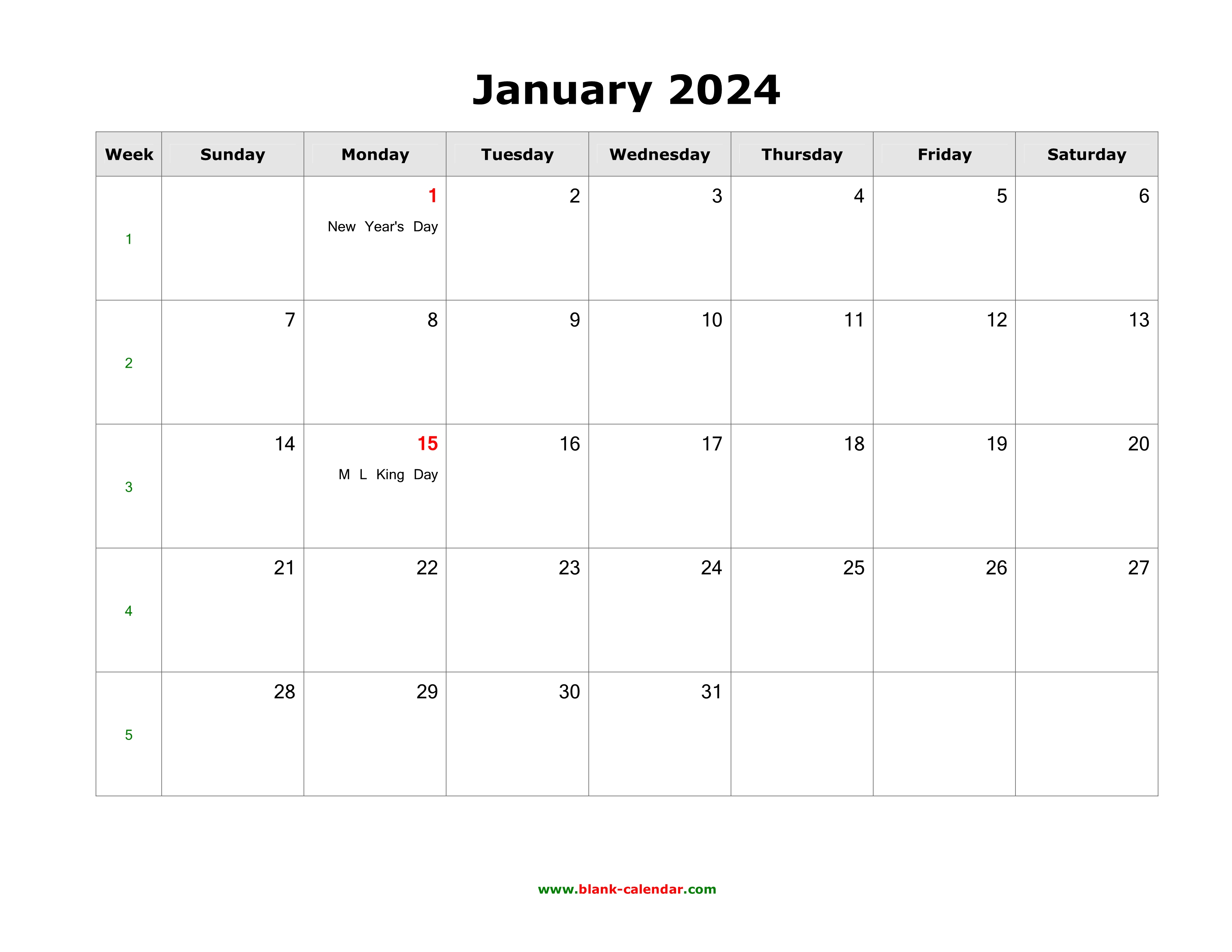 Download January 2024 Blank Calendar With US Holidays horizontal 