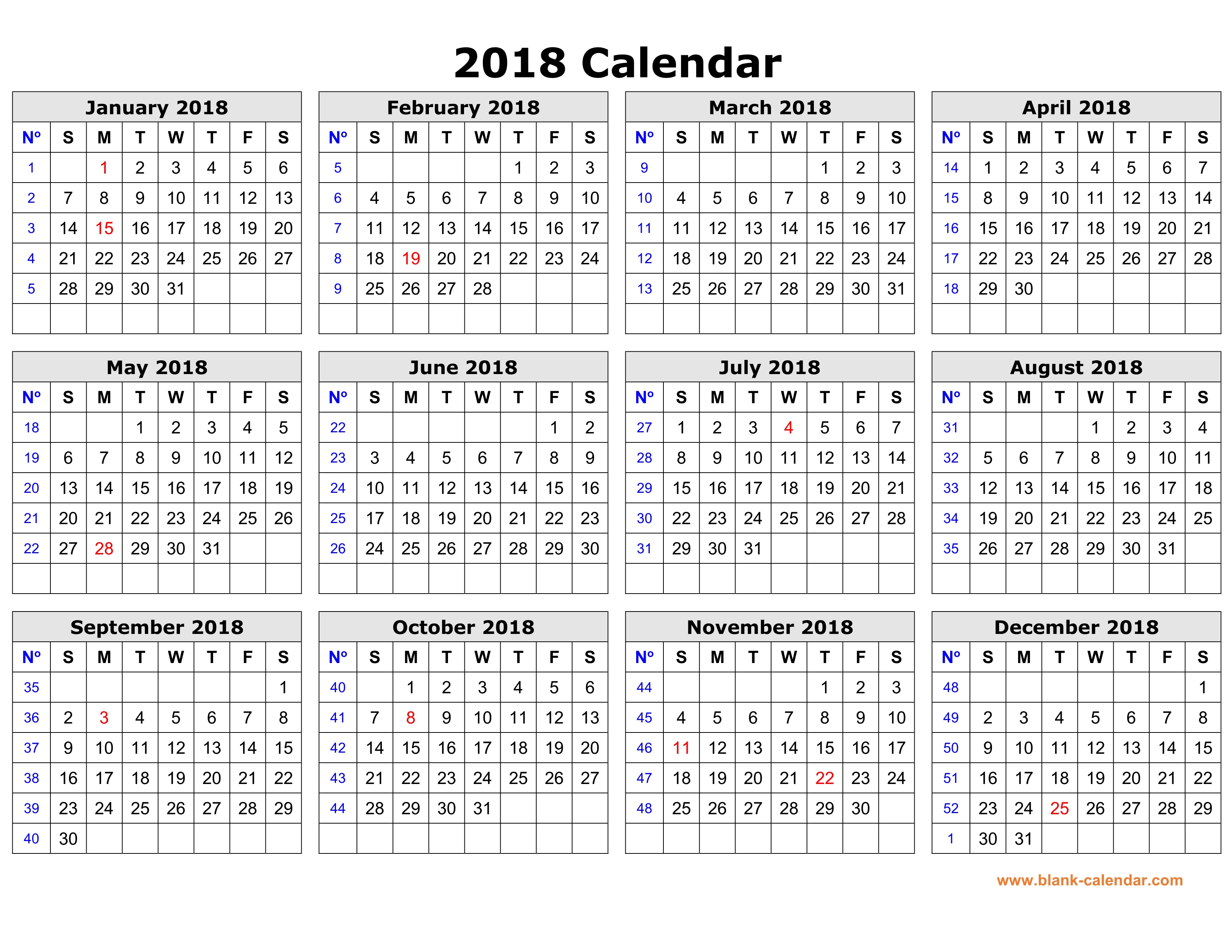 Printable Calendars 2018