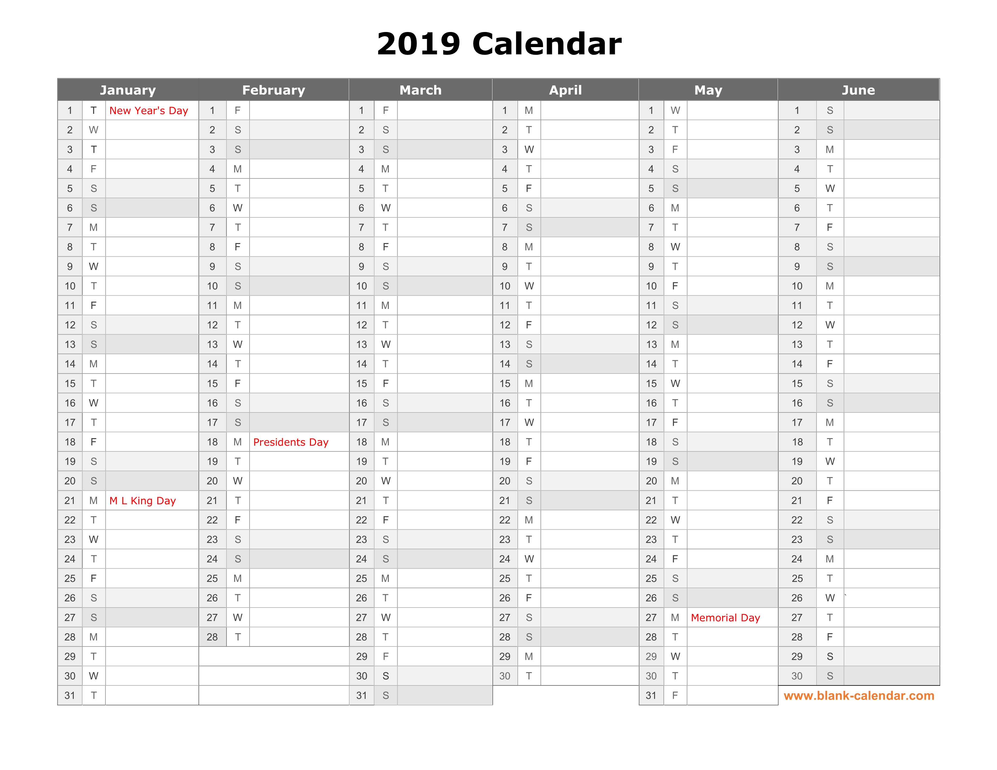 Free Download Printable Calendar 2019 Month In A Column Half A Year 