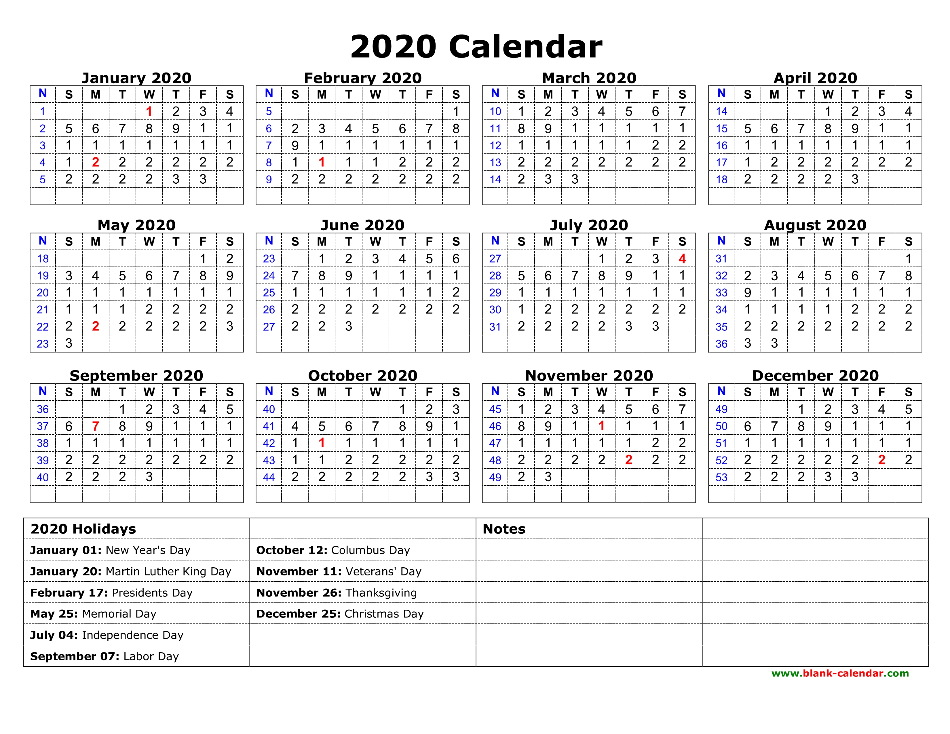 Free Download Printable Calendar 2020 With US Federal Holidays One Page Horizontal 