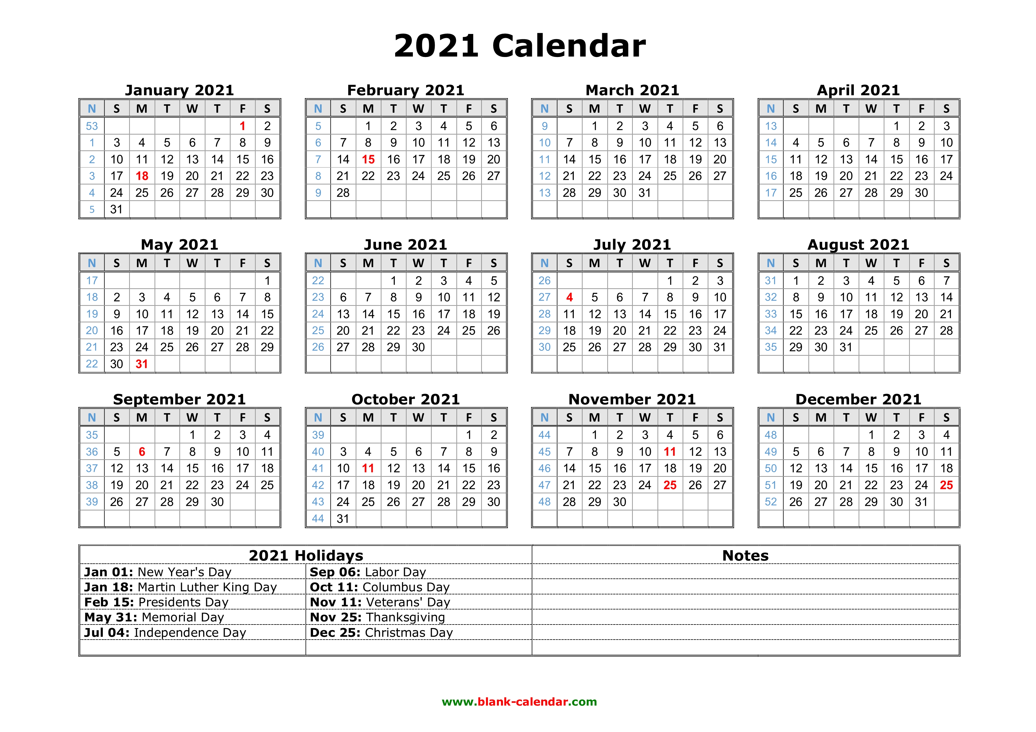 Free Download Printable Calendar 2021 With US Federal Holidays One 
