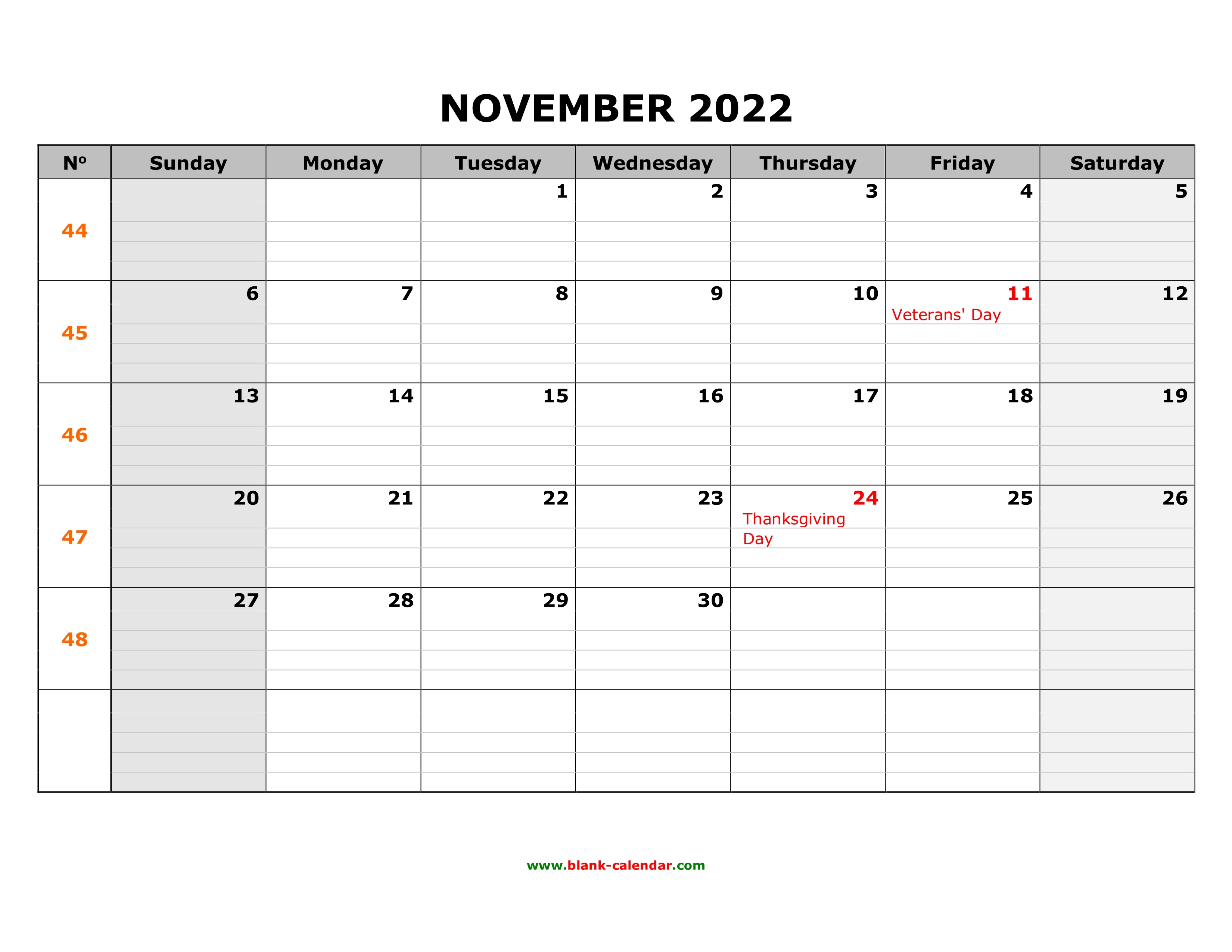 Free Download Printable November 2022 Calendar Large Box Grid Space 