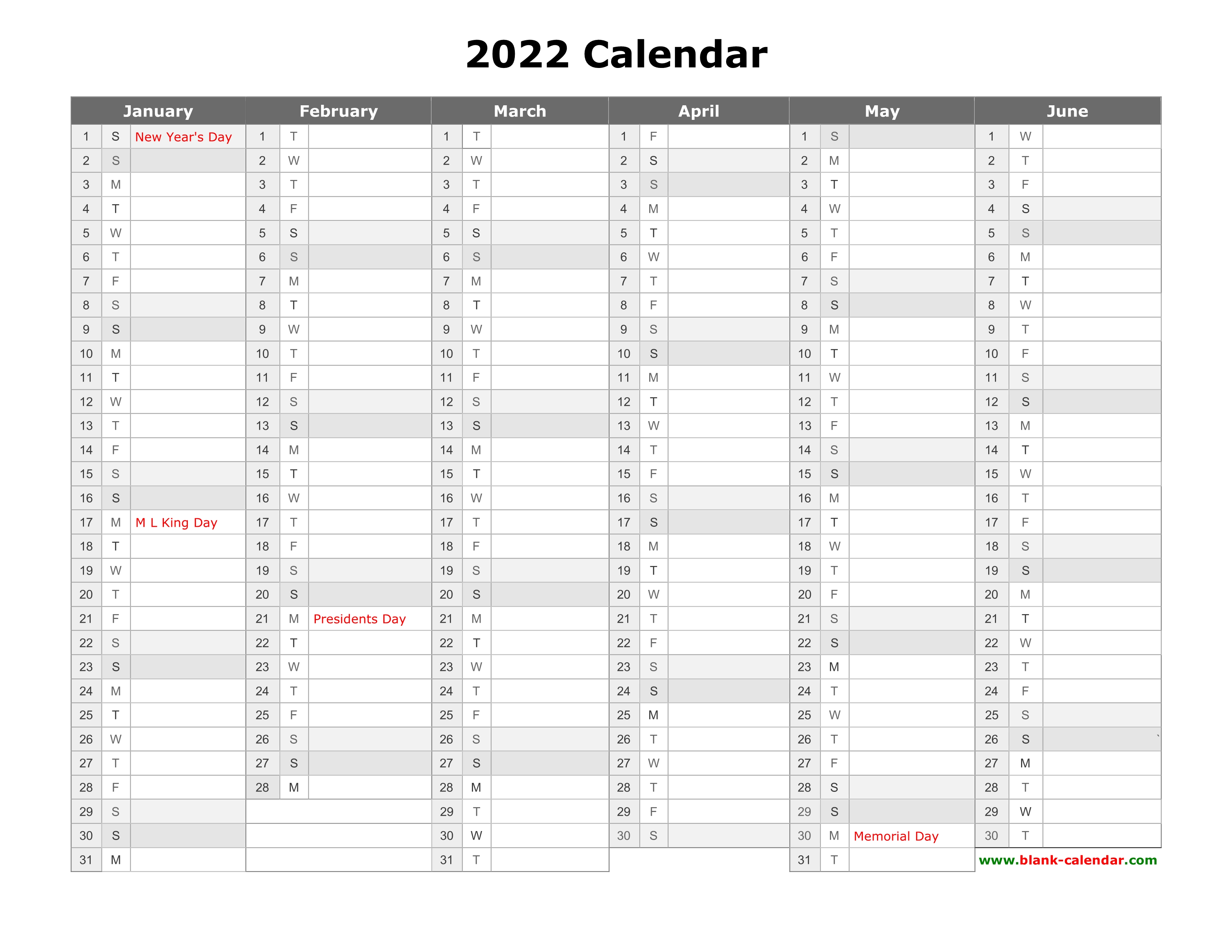 Free Download Printable Calendar 2022 Month In A Column Half A Year