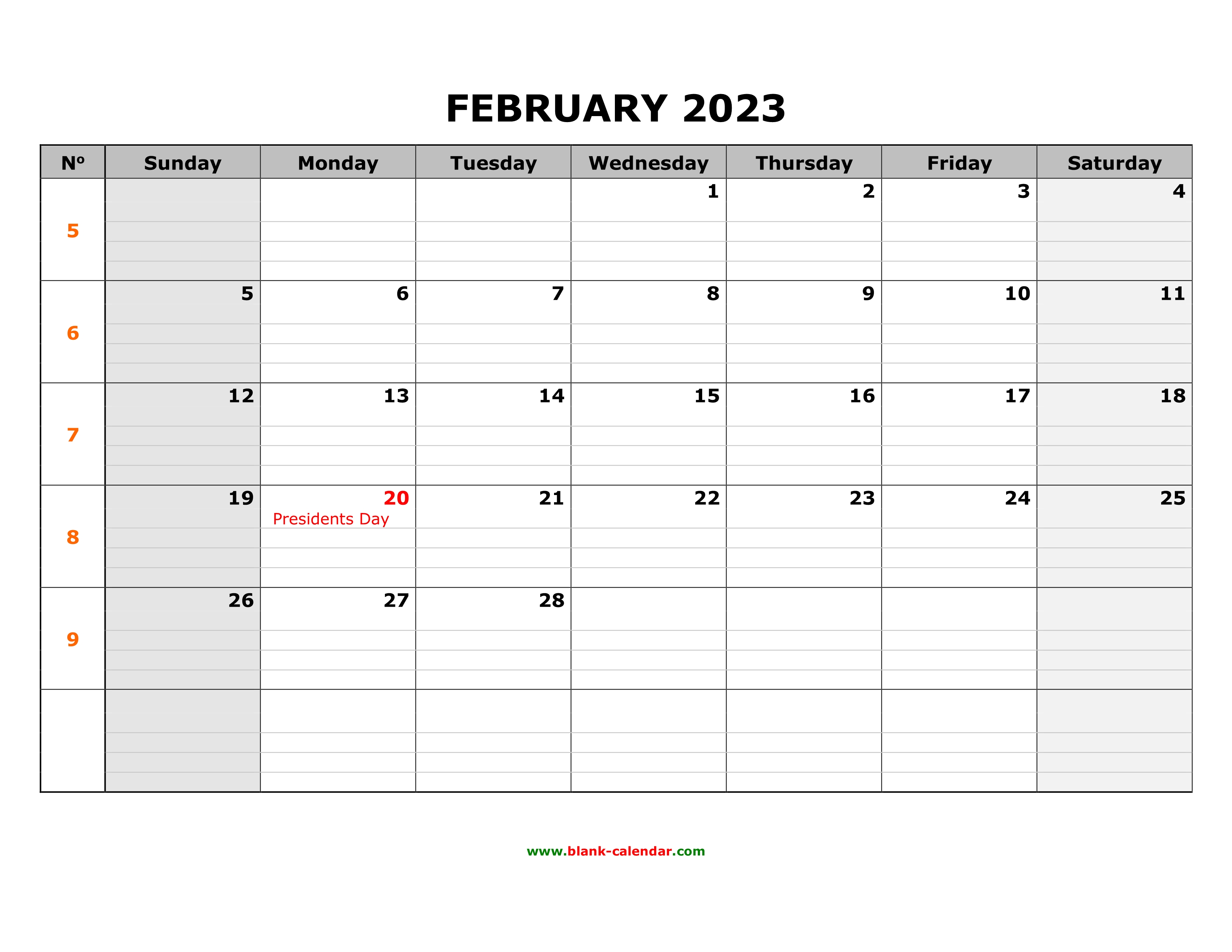 Free Download Printable February 2023 Calendar Large Box Grid Space 