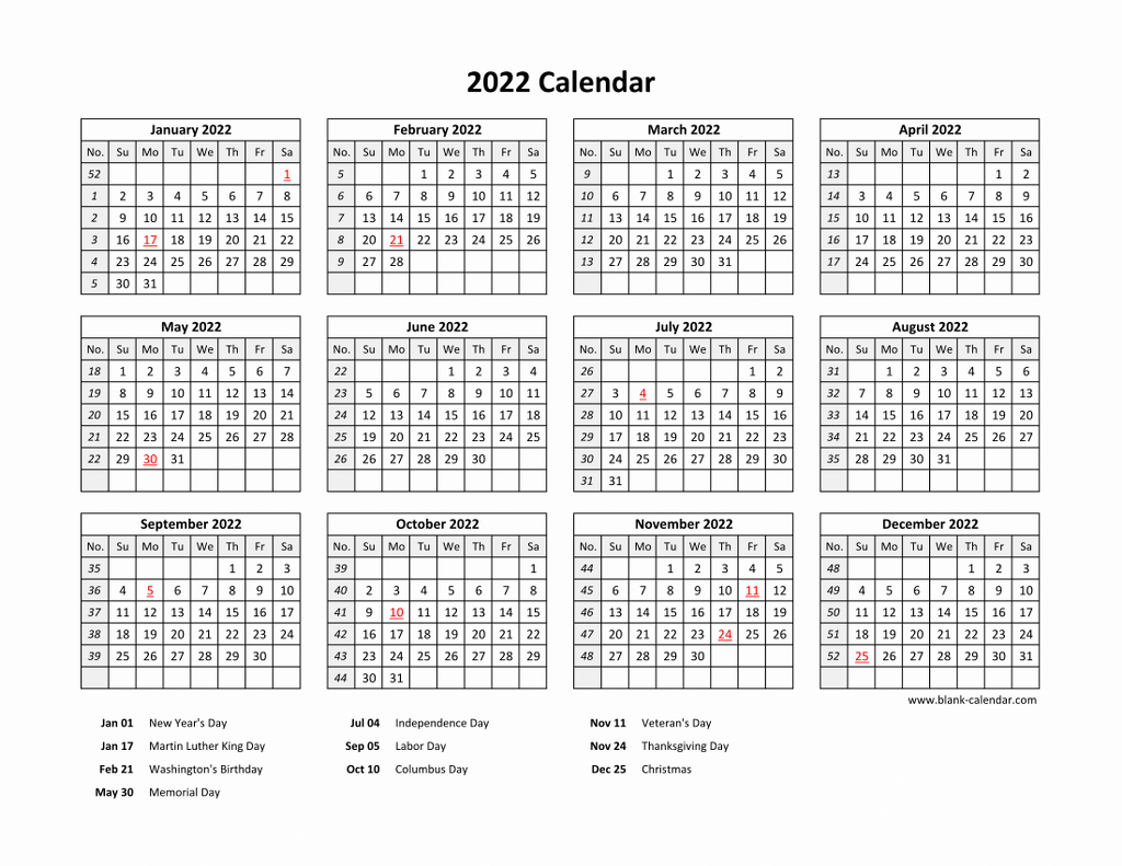 Free Download Printable Calendar 2022 With US Federal Holidays One