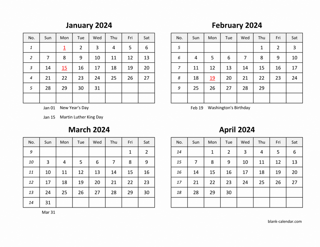 Free Download 2024 Excel Calendar Four Month In Landscape Format